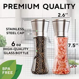 Premium Salt and Pepper Grinder Set of 2 - Two Refillable, Stainless Steel Sea Salt & Spice Shakers with Adjustable Coarse Mills - Easy Clean Ceramic Grinders w/ BONUS Silicone Funnel & Cleaning Brush