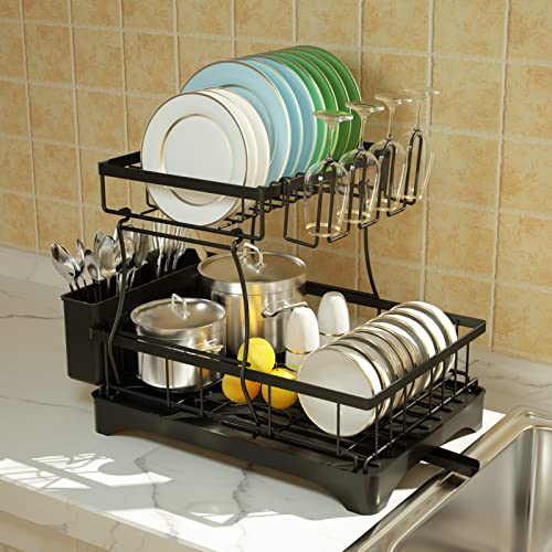 Aredy 2 Tier Dish Drying Rack for Kitchen Counter, Black Metal Dish Drainers Rack with Drainboard, Large Dish Dryer with Detachable Cup Rack and Utensil Holder