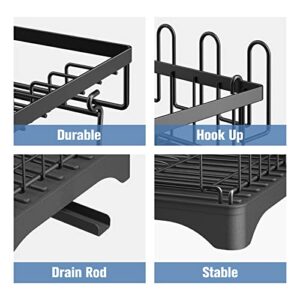 Aredy 2 Tier Dish Drying Rack for Kitchen Counter, Black Metal Dish Drainers Rack with Drainboard, Large Dish Dryer with Detachable Cup Rack and Utensil Holder