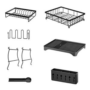 Aredy 2 Tier Dish Drying Rack for Kitchen Counter, Black Metal Dish Drainers Rack with Drainboard, Large Dish Dryer with Detachable Cup Rack and Utensil Holder