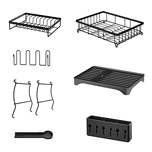 Aredy 2 Tier Dish Drying Rack for Kitchen Counter, Black Metal Dish Drainers Rack with Drainboard, Large Dish Dryer with Detachable Cup Rack and Utensil Holder