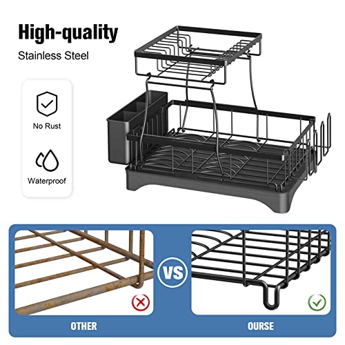 Aredy 2 Tier Dish Drying Rack for Kitchen Counter, Black Metal Dish Drainers Rack with Drainboard, Large Dish Dryer with Detachable Cup Rack and Utensil Holder