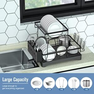 Aredy 2 Tier Dish Drying Rack for Kitchen Counter, Black Metal Dish Drainers Rack with Drainboard, Large Dish Dryer with Detachable Cup Rack and Utensil Holder