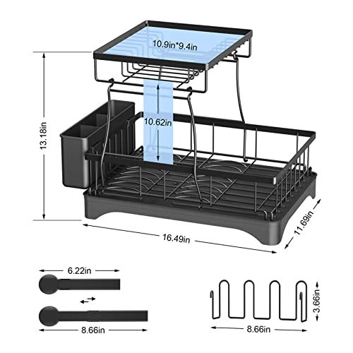 Aredy 2 Tier Dish Drying Rack for Kitchen Counter, Black Metal Dish Drainers Rack with Drainboard, Large Dish Dryer with Detachable Cup Rack and Utensil Holder