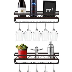 Wine Rack Wall Mounted, Bextcok 2-Pack Wine Glass Rack Wall Mounted Floating Wine Shelf with Glass Holder Champagne Display Storage Rack Wood Rustic for Kitchen Dining Room Bar Decoration, Bronze