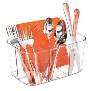 mDesign Plastic Cutlery Storage Organizer Caddy Bin Tote with Handle - Kitchen Cabinet Divided Pantry Basket for Forks, Knives, Spoons, Napkins, Indoor/Outdoor Use, Lumiere Collection, 2 Pack - Clear