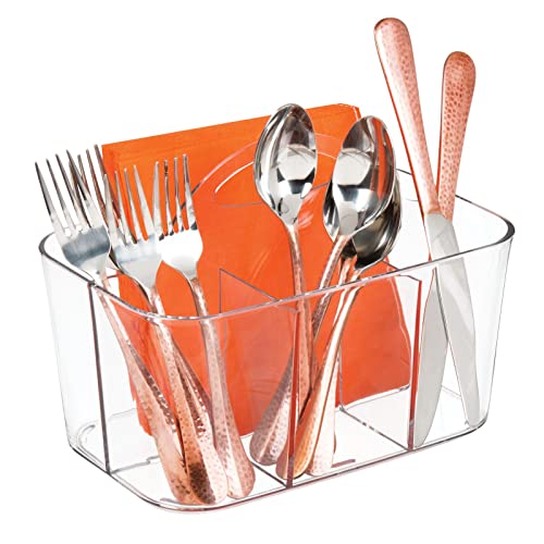 mDesign Plastic Cutlery Storage Organizer Caddy Bin Tote with Handle - Kitchen Cabinet Divided Pantry Basket for Forks, Knives, Spoons, Napkins, Indoor/Outdoor Use, Lumiere Collection, 2 Pack - Clear