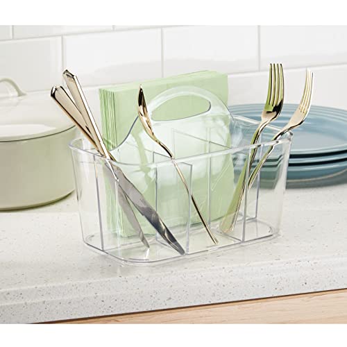 mDesign Plastic Cutlery Storage Organizer Caddy Bin Tote with Handle - Kitchen Cabinet Divided Pantry Basket for Forks, Knives, Spoons, Napkins, Indoor/Outdoor Use, Lumiere Collection, 2 Pack - Clear