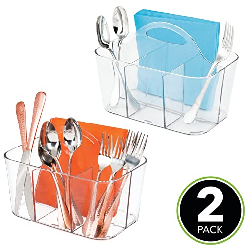 mDesign Plastic Cutlery Storage Organizer Caddy Bin Tote with Handle - Kitchen Cabinet Divided Pantry Basket for Forks, Knives, Spoons, Napkins, Indoor/Outdoor Use, Lumiere Collection, 2 Pack - Clear