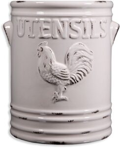 home essentials & beyond utensil crock, ivory ceramic rooster utensil holder vintage for kitchen counter top.