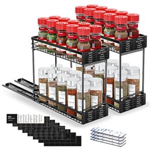 xpatee [2 pack pull out spice rack organizer for cabinet with 480 labels, 2-tier heavy duty slide out seasoning organizer for kitchen cabinets , sliding cabinet organizer 4.6″ w x10.3 d x9 h