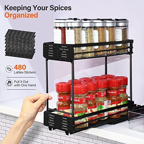 Xpatee [2 Pack Pull Out Spice Rack Organizer for Cabinet with 480 Labels, 2-Tier Heavy Duty Slide Out Seasoning Organizer for Kitchen Cabinets , Sliding Cabinet Organizer 4.6" W x10.3 D x9 H