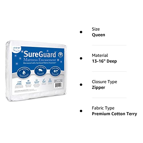 Queen (13-16 in. Deep) SureGuard Mattress Encasement - 100% Waterproof, Bed Bug Proof, Hypoallergenic - Premium Zippered Six-Sided Cover