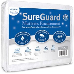 queen (13-16 in. deep) sureguard mattress encasement – 100% waterproof, bed bug proof, hypoallergenic – premium zippered six-sided cover