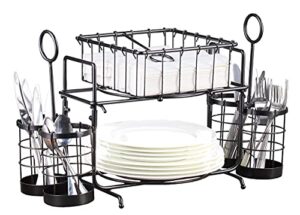 giftburg loop & wire buffet caddy tabletop organizer, flatware napkin and plate picnic caddy stackable serving set, black