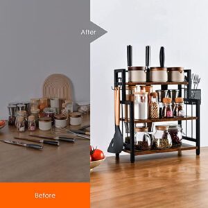 Pierybyt Kitchen Spice Rack Organizer,3-Tier Wooden Spice Organizer with Wire Basket,3 Hooks Countertop Organizer for Kitchen, Bathroom, Office, YKJ-TWJ-0104