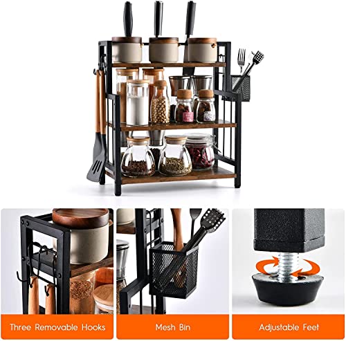 Pierybyt Kitchen Spice Rack Organizer,3-Tier Wooden Spice Organizer with Wire Basket,3 Hooks Countertop Organizer for Kitchen, Bathroom, Office, YKJ-TWJ-0104