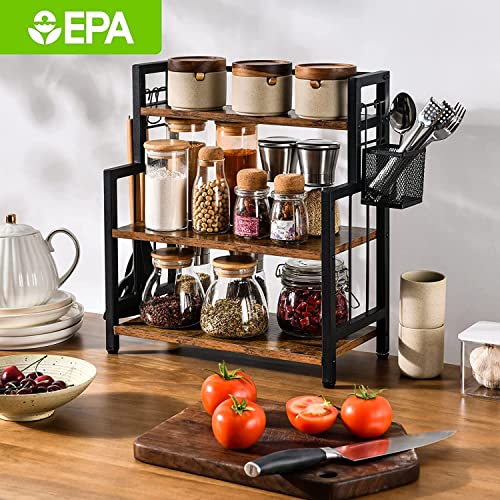 Pierybyt Kitchen Spice Rack Organizer,3-Tier Wooden Spice Organizer with Wire Basket,3 Hooks Countertop Organizer for Kitchen, Bathroom, Office, YKJ-TWJ-0104