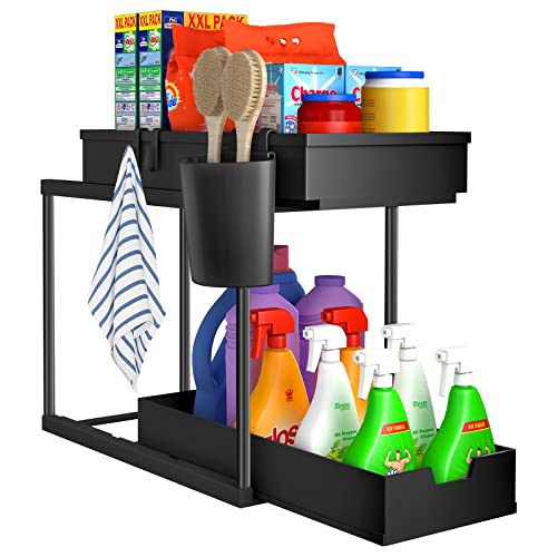 Under Sink Organizers and Storage,2 Tier Multipurpose Under the Sink Organizer, Sliding Kitchen Storage Pull Out Double Shelf Drawer for Bathroom Counter Cabinets, Undersink Hair Tool