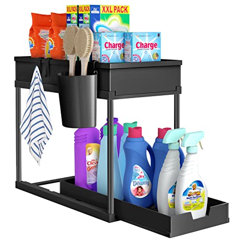 Under Sink Organizers and Storage,2 Tier Multipurpose Under the Sink Organizer, Sliding Kitchen Storage Pull Out Double Shelf Drawer for Bathroom Counter Cabinets, Undersink Hair Tool