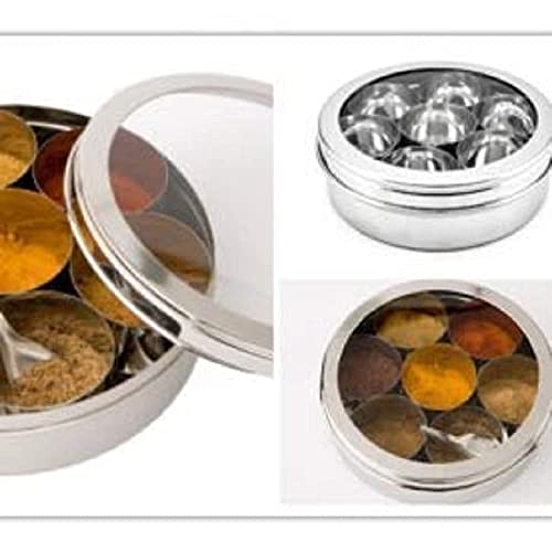 King International Stainless Steel Indian Spice Box, Indian See Through Masala Dabba, Masala Box,Steel Masala Dabba, Indian Spice Container, with 7 Spice containers Size 20 X 20 x 8 cm, Set of 9