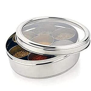 King International Stainless Steel Indian Spice Box, Indian See Through Masala Dabba, Masala Box,Steel Masala Dabba, Indian Spice Container, with 7 Spice containers Size 20 X 20 x 8 cm, Set of 9