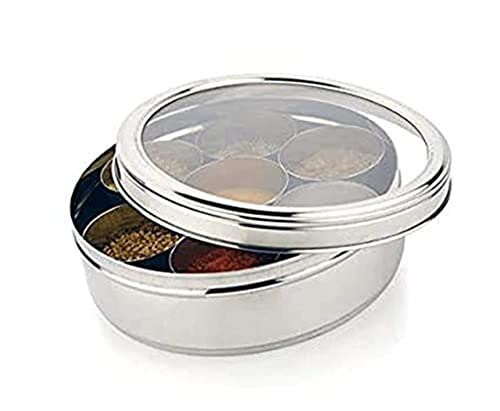 King International Stainless Steel Indian Spice Box, Indian See Through Masala Dabba, Masala Box,Steel Masala Dabba, Indian Spice Container, with 7 Spice containers Size 20 X 20 x 8 cm, Set of 9