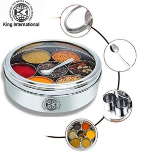 King International Stainless Steel Indian Spice Box, Indian See Through Masala Dabba, Masala Box,Steel Masala Dabba, Indian Spice Container, with 7 Spice containers Size 20 X 20 x 8 cm, Set of 9