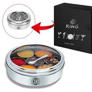 King International Stainless Steel Indian Spice Box, Indian See Through Masala Dabba, Masala Box,Steel Masala Dabba, Indian Spice Container, with 7 Spice containers Size 20 X 20 x 8 cm, Set of 9