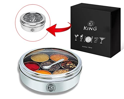 King International Stainless Steel Indian Spice Box, Indian See Through Masala Dabba, Masala Box,Steel Masala Dabba, Indian Spice Container, with 7 Spice containers Size 20 X 20 x 8 cm, Set of 9