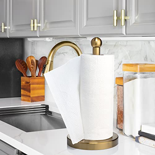 Modern Touch Accents Paper Towel Holder – Hand Towel Dispenser with Weighted Non-Slip Base for Kitchen, Countertop, Bathroom & Hotels - Easy One-Handed Tear Toilet Paper Roll Holder (Brushed Gold)