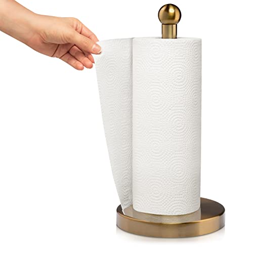 Modern Touch Accents Paper Towel Holder – Hand Towel Dispenser with Weighted Non-Slip Base for Kitchen, Countertop, Bathroom & Hotels - Easy One-Handed Tear Toilet Paper Roll Holder (Brushed Gold)