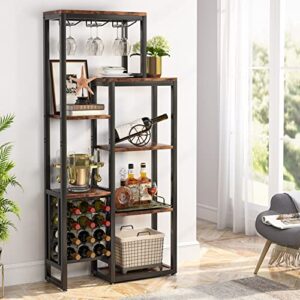 tribesigns wine rack freestanding floor, 5-tier wine baker rack with glass holder & wine storage, industrial wine display shelf wine bar cabinet for bar, kitchen, dining room, rustic brown