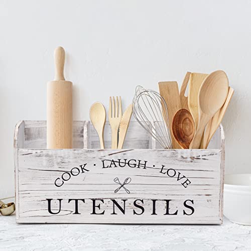 PuGez Kitchen Utensil Holder Wooden Farmhouse Utensil Holders for Countertop Rustic Utensil Holder for Kitchen Counter Wood Cooking Utensil Holder Storage Organizer for Home Decor (Wood 02)