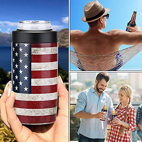 Maxso Slim Can Cooler, 4-in-1 Double Walled Stainless Steel Insulated Beer Can Holder, Works With All 12 Oz Cans,Bottles & As A Pint Cups - America Flag