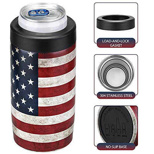 Maxso Slim Can Cooler, 4-in-1 Double Walled Stainless Steel Insulated Beer Can Holder, Works With All 12 Oz Cans,Bottles & As A Pint Cups - America Flag