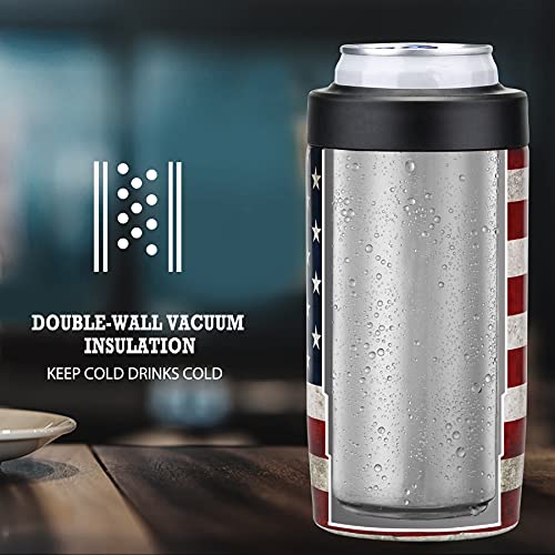 Maxso Slim Can Cooler, 4-in-1 Double Walled Stainless Steel Insulated Beer Can Holder, Works With All 12 Oz Cans,Bottles & As A Pint Cups - America Flag