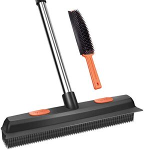 conliwell rubber broom carpet rake for pet hair remover, fur remover broom with squeegee, portable detailing lint remover brush, pet hair removal tool for fluff carpet, hardwood floor, tile, window