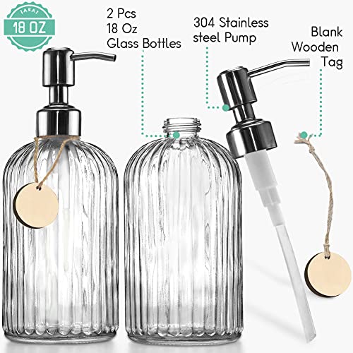 JASAI 2PACK 18 Oz Glass Soap Dispenser with Rust Proof Stainless Steel Pump, Refillable Hand Soap Dispenser with Vertical Stripe, Premium Bathroom Soap Dispenser for Kitchen & Bathroom.