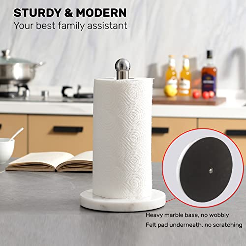 Paper Towel Holder Heavy Marble Base, Free Standing Paper Towel Holder Countertop for Kitchen, Paper Towel Dispenser with Weighted Base, Brushed Nickel Pole