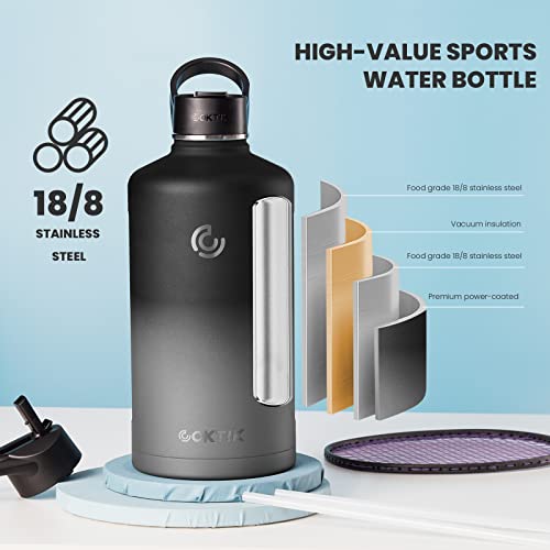 COKTIK 128 oz/ One Gallon Water Bottle Insulated, Double Walled Vacumm Metal Stainless Steel Sports Water Bottle with Reusable 2 Lids for Sports, Gym, Fitness or Office(Gray Gradient)