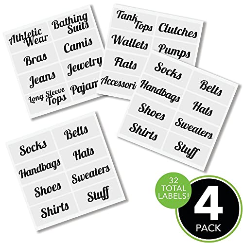 mDesign Home Organization Labels - Preprinted Label Stickers for Bedroom and Linen Closet Storage and Cleaning, Household Organizing for Jars, Canisters, Containers, Bins, and Boxes, 32 Count - Black