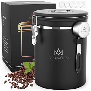 miscedence 35oz coffee canister for ground coffee with date tracker,one way co2 valve 304 stainless steel kitchen food airtight storage container for coffee beans or grounds, sugar (35oz black-new)