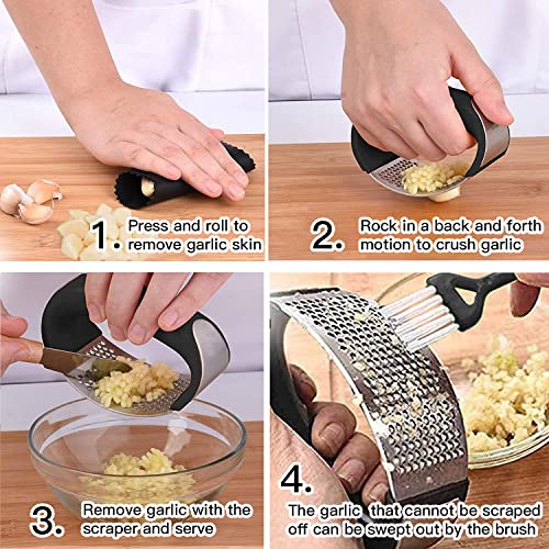 Garlic Press Rocker Stainless Steel Garlic Mincer Garlic Crusher Garlic Chopper with Peeler and Scraper Brush for Smash Garlic