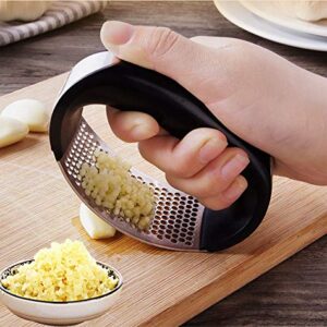 Garlic Press Rocker Stainless Steel Garlic Mincer Garlic Crusher Garlic Chopper with Peeler and Scraper Brush for Smash Garlic