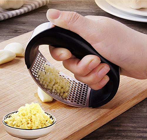 Garlic Press Rocker Stainless Steel Garlic Mincer Garlic Crusher Garlic Chopper with Peeler and Scraper Brush for Smash Garlic