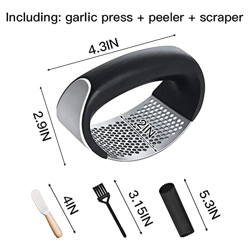 Garlic Press Rocker Stainless Steel Garlic Mincer Garlic Crusher Garlic Chopper with Peeler and Scraper Brush for Smash Garlic