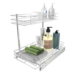 hosun pull out under sink cabinet organizer, 2 tier slide wire shelf basket- 10.43w x 17.32d x 14.56h – request at least 12 inch cabinet opening, perfect for kitchen/vanity under sink storage