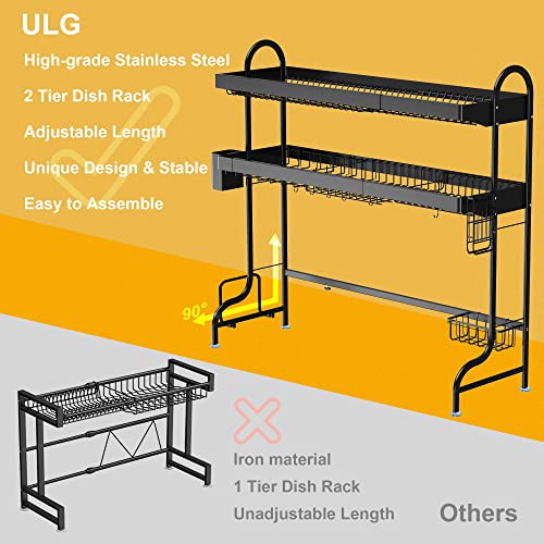 ULG Over The Sink Dish Drying Rack, 3 Tier Stainless Steel Length Adjustable (24.4"-37") Kitchen Counter Organizer, Large Dish Rack Drainer for Space Saver Storage Shelf with 6 Utility Hooks