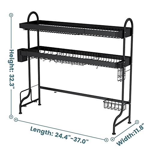 ULG Over The Sink Dish Drying Rack, 3 Tier Stainless Steel Length Adjustable (24.4"-37") Kitchen Counter Organizer, Large Dish Rack Drainer for Space Saver Storage Shelf with 6 Utility Hooks